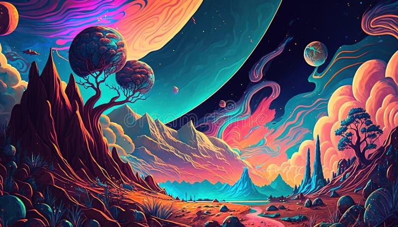 Generative AI, Alien Planet Landscape. Psychedelic Space Banner ...
