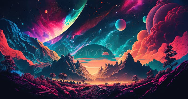 Generative AI, Alien Planet Landscape. Psychedelic Space Banner ...