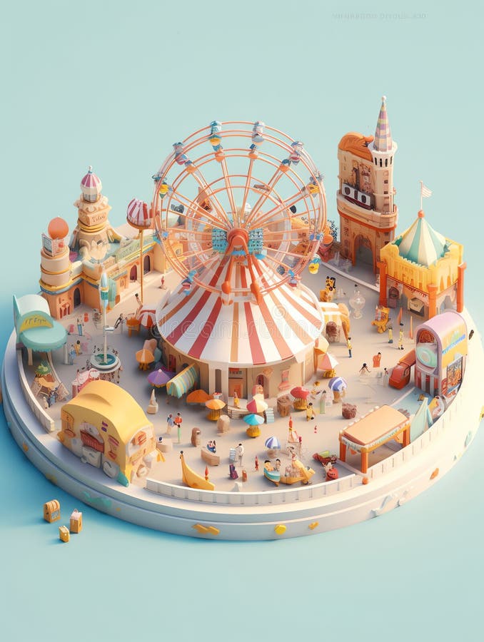 Generative AI Amusement Park with Carousel- Stock Illustration ...
