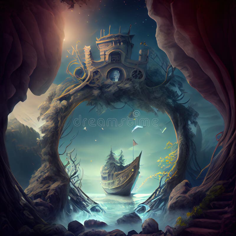 Generative AI: Antasy Landscape with Castle in an Arch and Ship Stock ...