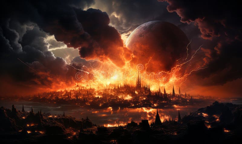 Apocalyptic Vision of Earth with Explosive Impact Causing Fiery ...