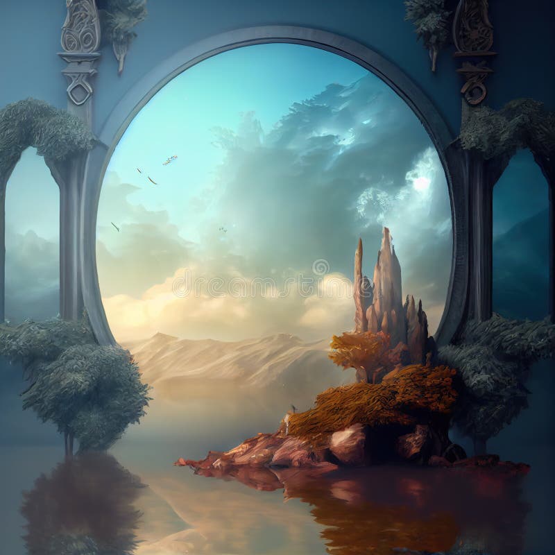 Generative AI: Arch with Beautiful Medieval Painted Landscape Stock ...