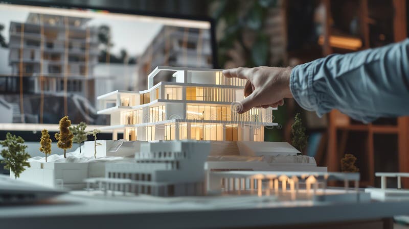 Generative Ai Architect Engineer Pointing At Architectural Building Prototype Analyzing