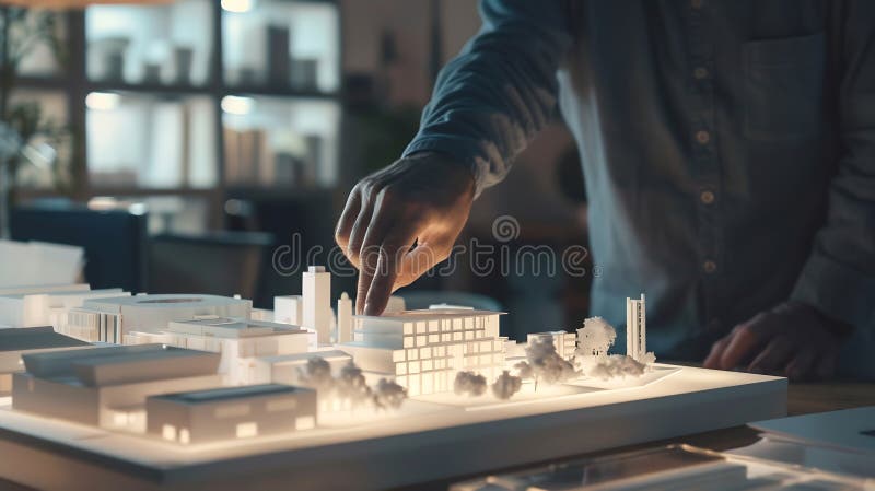 Generative Ai Architect Engineer Pointing At Architectural Building Prototype Analyzing