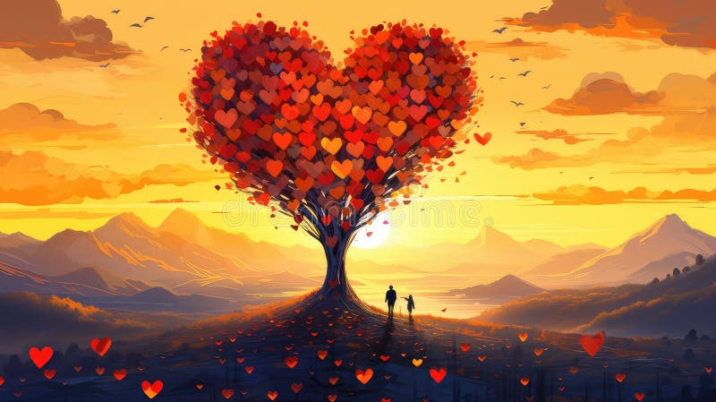 Generative AI Art: Beautiful Place with Sunset, Mountains, and Heart ...