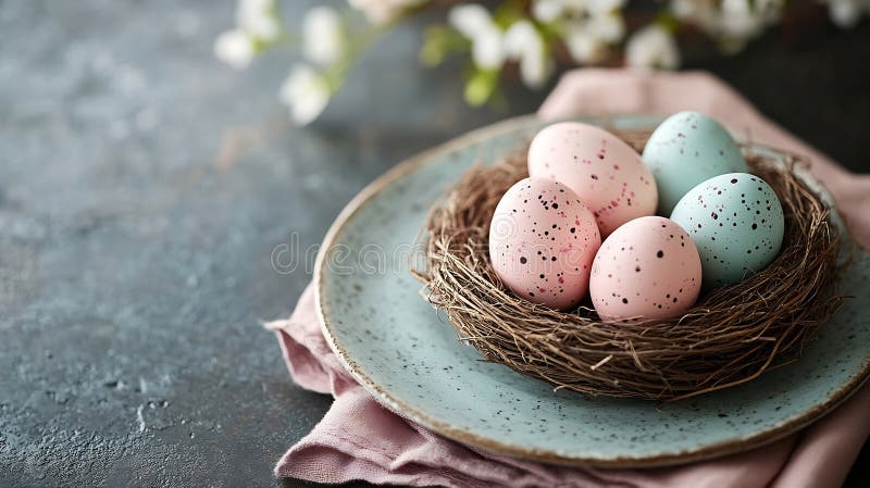 Generative AI an Artistic Easter Table Setting Featuring a Nest with ...
