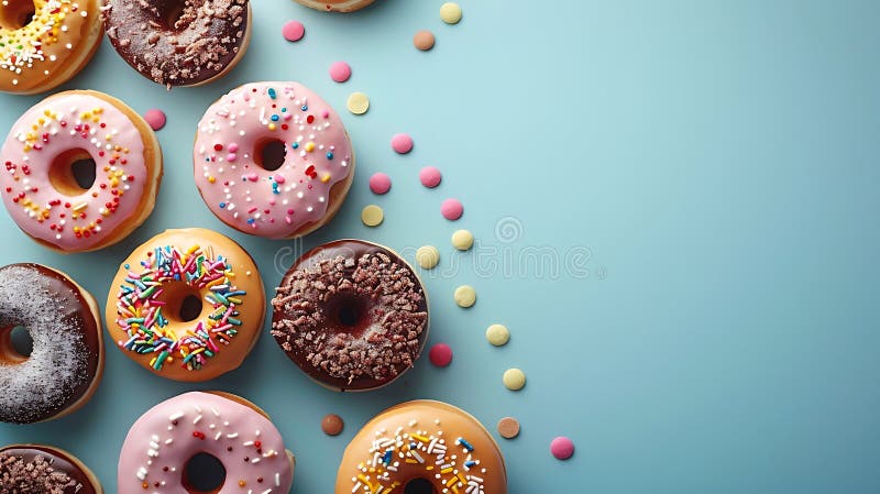Generative AI Assorted Donuts on Light Blue Background with Copy Space ...