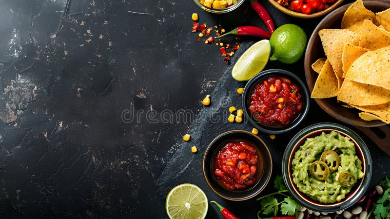 Generative AI. Assorted Mexican Snacks Prepared on a Dark Surface with ...