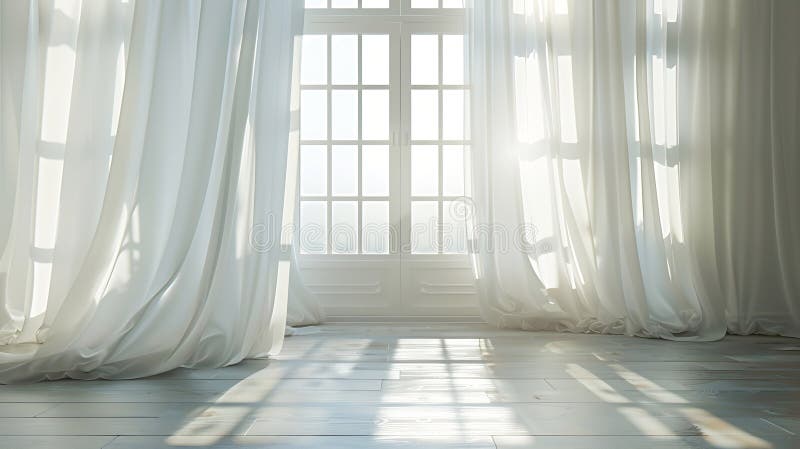Generative AI Backlit Window with White Curtains in Empty Room Business ...