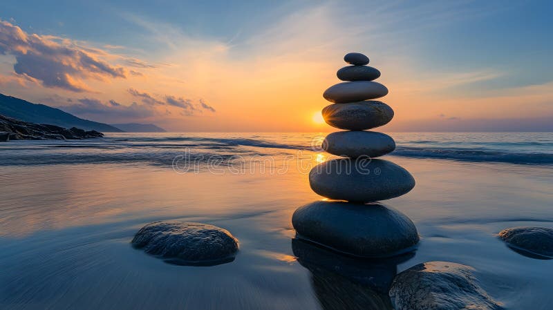 Generative AI Balanced Pebble Stack on Beach at Sunset with Calm Sea ...