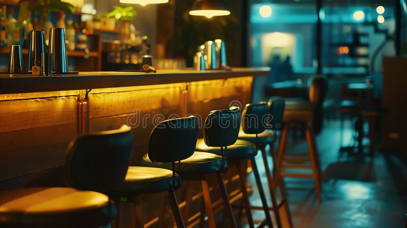 Generative AI Bar Counter with Chairs in Empty Comfortable Restaurant ...