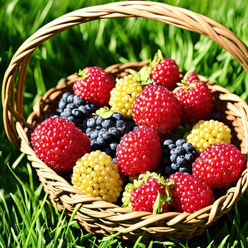 Generative AI, Basket of Fresh Juicy Wild Berries Stock Illustration ...
