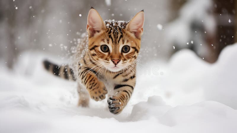 Generative AI. a Beautiful Cat Running Outside in the Snow Stock Photo ...