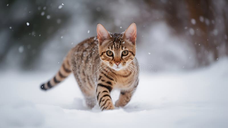 Generative AI. a Beautiful Cat Running Outside in the Snow Stock ...