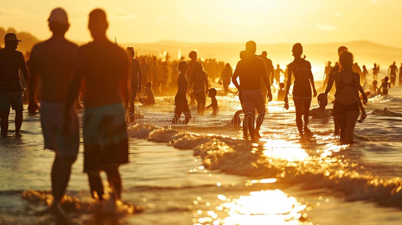 Generative AI Big Crowd of People Having Fun at Sunset Beach Business ...