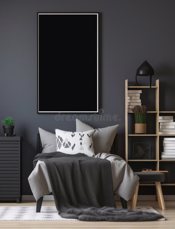 Generative AI.Black Frame in Comfortable Bedroom Interior Mockup Empty Stock Illustration ...
