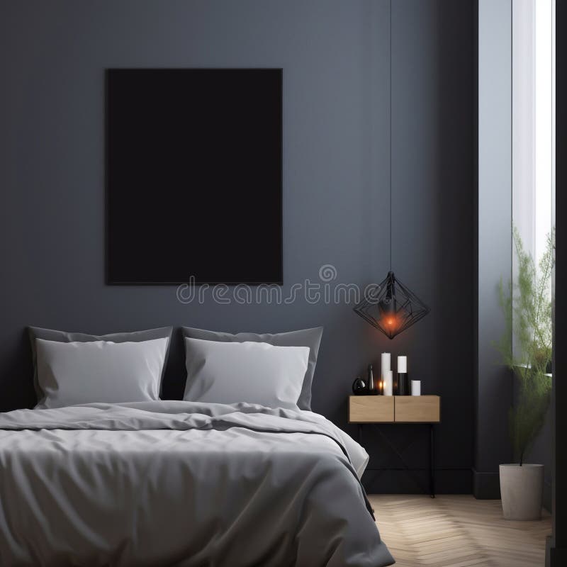 Generative AI.Black Frame in Comfortable Bedroom Interior Mockup Empty Stock Illustration ...