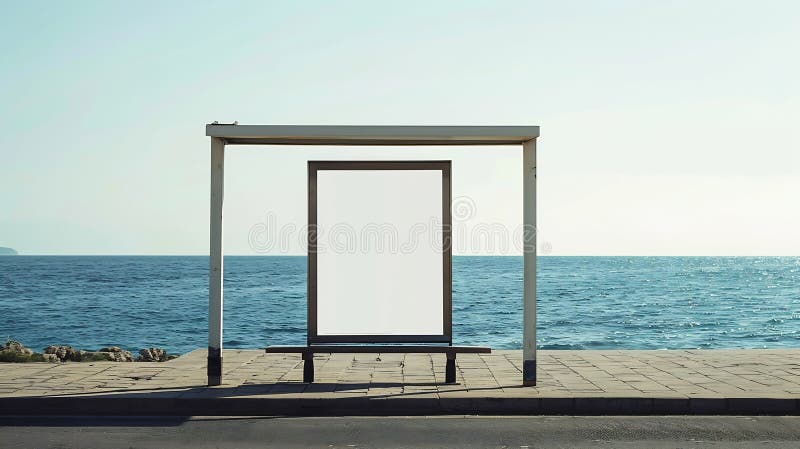 Generative AI Blank Advertisement in a Bus Stop Next To the Sea ...