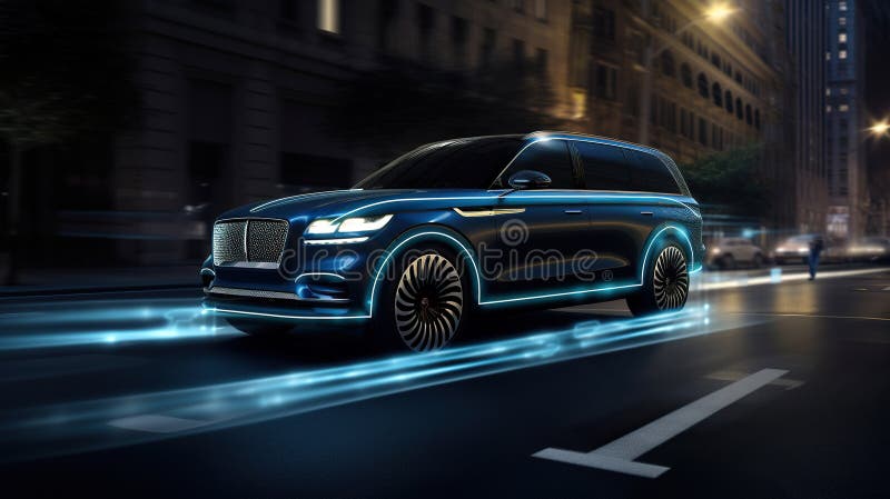 Generative AI of a Blue Car on the Road with Motion Blur Stock ...