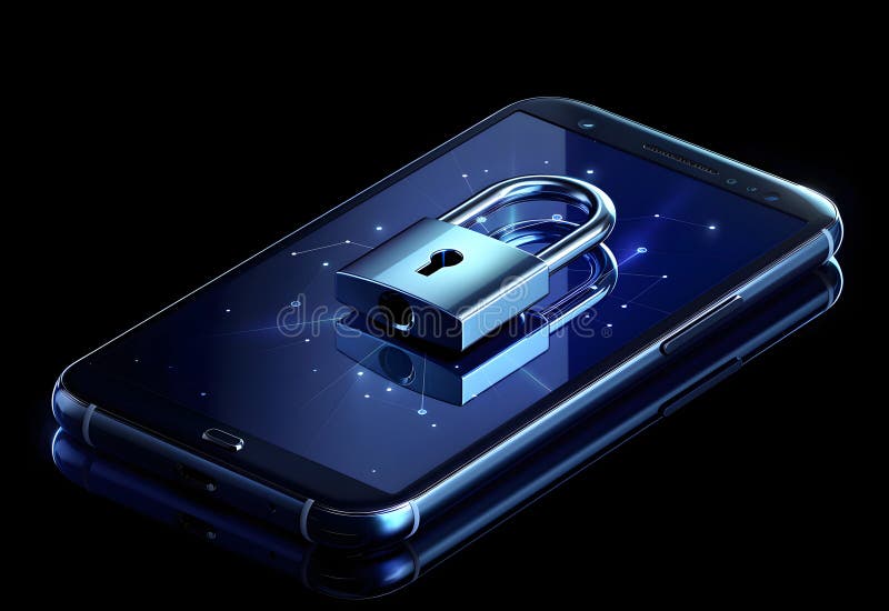 Generative AI. Blue Smartphone with Lock Screen. Cyber Security, Data ...