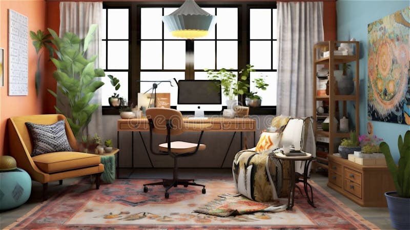 Generative AI, Boho-Chic Workspace Stock Illustration - Illustration of ...