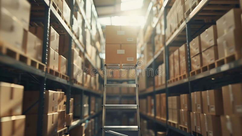 Generative AI Boxes Ladder and Shelves with Inventory at Warehouse for ...