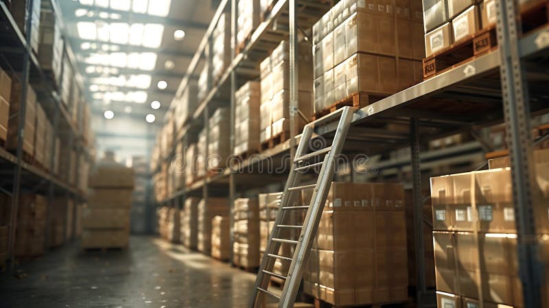 Generative AI Boxes Ladder and Shelves with Inventory at Warehouse for ...