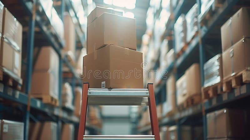 Generative AI Boxes Ladder and Shelves with Inventory at Warehouse for ...