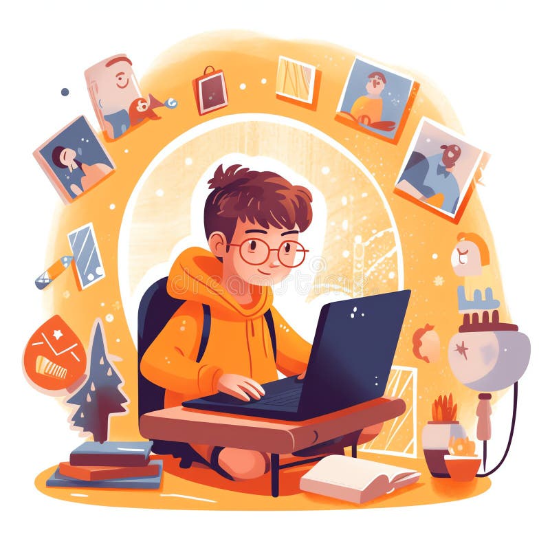 Generative AI Studying Boy - Vector Illustration- Stock Illustration ...