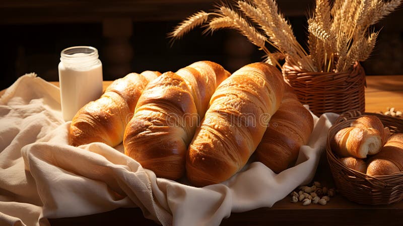Generative Ai Bread And Croissant Top View Lots Of Baked Goods Business Concept Stock