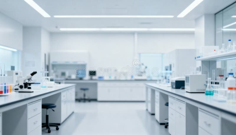 Generative AI Bright and Modern Science Laboratory Interior with Advanced Equipment for ...
