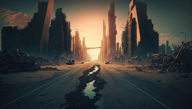 Generative AI of a Broken Road in the Middle of the City Stock ...