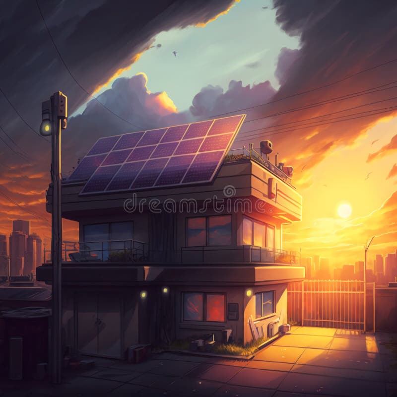 Generative AI Building with Solar Panels in a Sunset Stock Illustration ...
