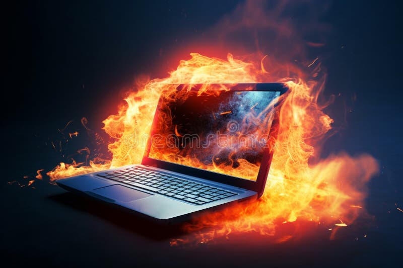 Generative Ai. Burning Computer Notebook: Technology Failure and Data ...
