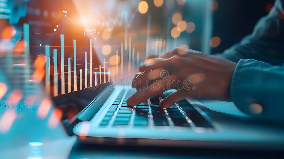 Generative AI Business Finance Data Analytics Graph Chart Report, Man Using Laptop Computer Hand ...