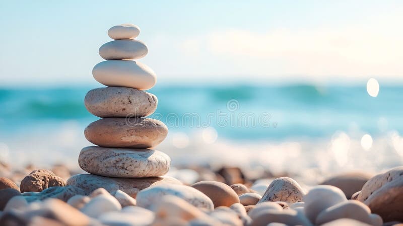 Generative AI Calm Beach Scene with Stack of Smooth Pebbles on a Shore ...