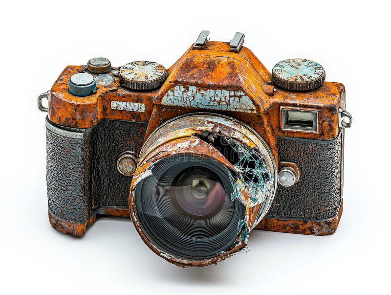 Camera with a Broken Lens Placed on a Wooden Surface in a Photography ...