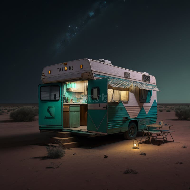 Generative AI of a Camper Caravan in the Desert at Night Stock Image ...