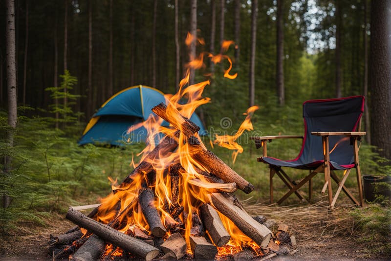 Generative AI, Camping and Bonfire in the Forest Stock Illustration ...