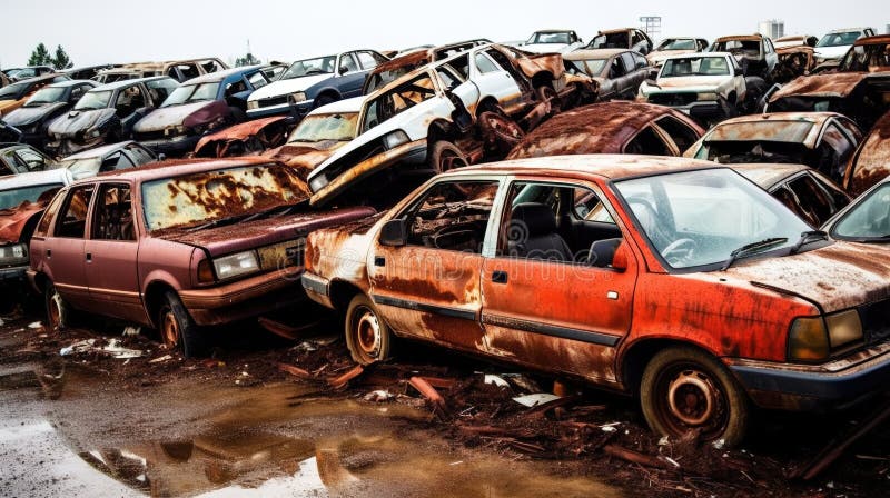 Generative AI, Car Dump with a Lot of Broken Cars Stock Illustration ...