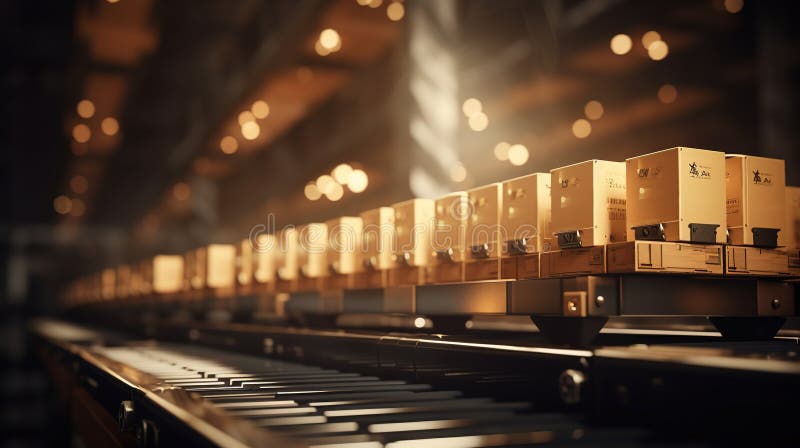 Generative AI, Cardboard Box Packages Moving Along a Conveyor Stock ...