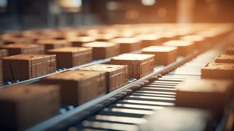 Generative AI, Cardboard Box Packages Moving Along a Conveyor Stock ...