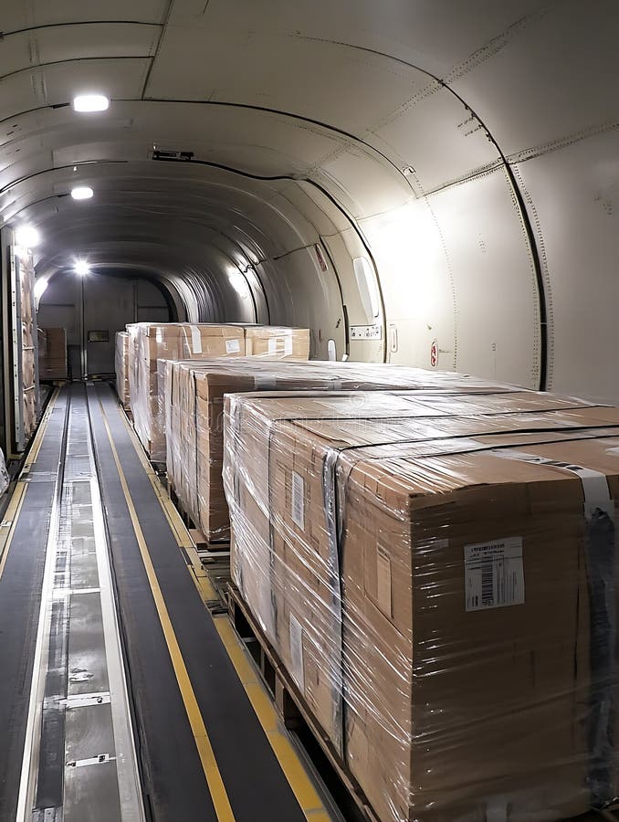 Generative AI Cargo Freight in Airplane Hold with Securely Packed Boxes ...