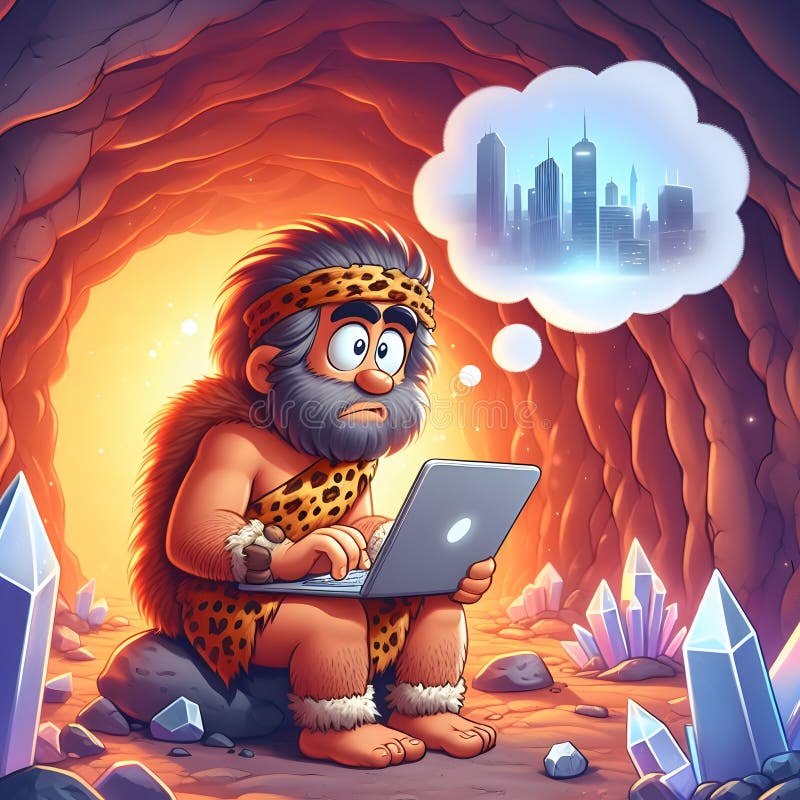 Generative Ai Cartoon Caveman Using A Laptop In A Cave Stock Illustration Illustration Of