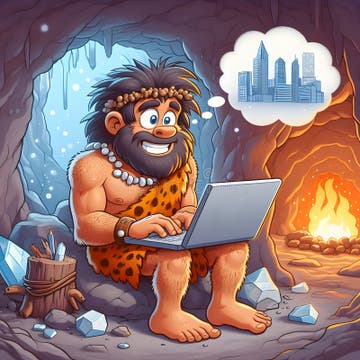 Generative AI Cartoon Caveman Using a Laptop in a Cave Stock ...