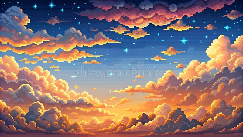 Vector Pixel Background with Evening Sky and Clouds Stock Illustration ...