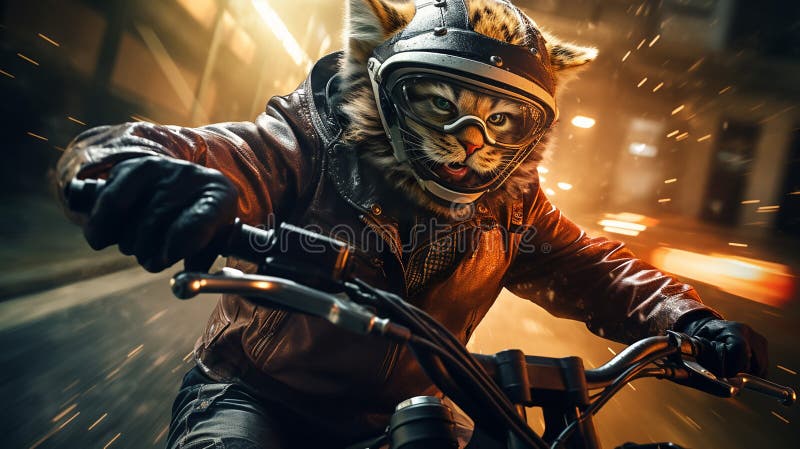 Generative AI a Cat Driving a Motorcycle in the City Stock Illustration ...