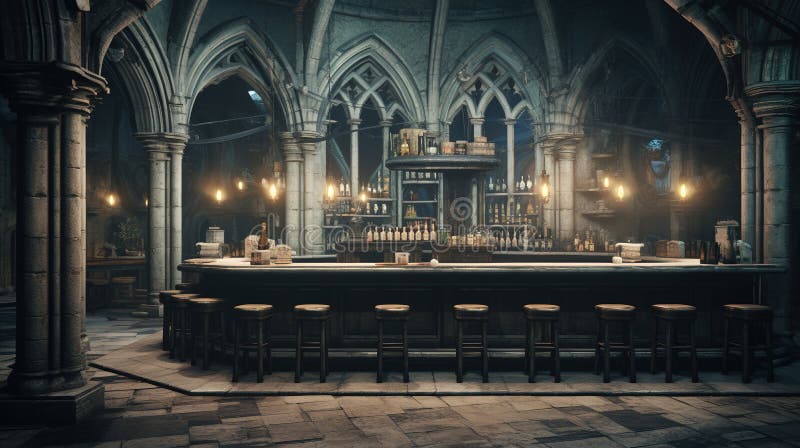 Generative AI, Cathedral Antique Interior with Bar or Pub Stock ...