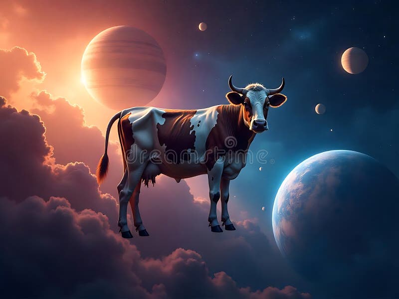 Generative AI a Celestial Cow Stands Amidst Cosmic Clouds and Planets ...