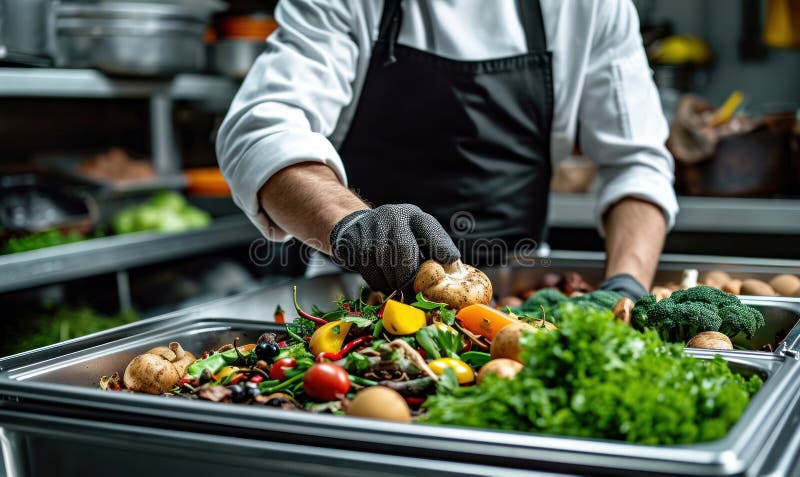 Chef in a Commercial Kitchen Practicing Sustainability by Sorting ...